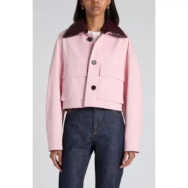 BOTTEGA VENETA コットン 長袖 カーディガン ピンク 36 Bottega Veneta Cotton Twill Crop Jacket With Removable Intrecciato
